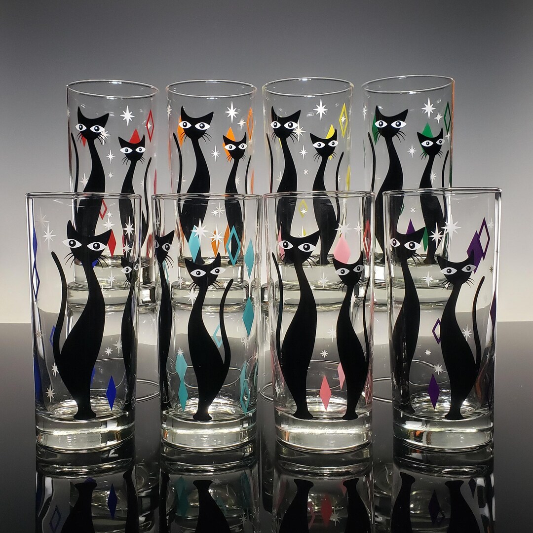 Atomic Cat Drinking Glasses: MCM Retro Cocktail Set of 8 - Etsy