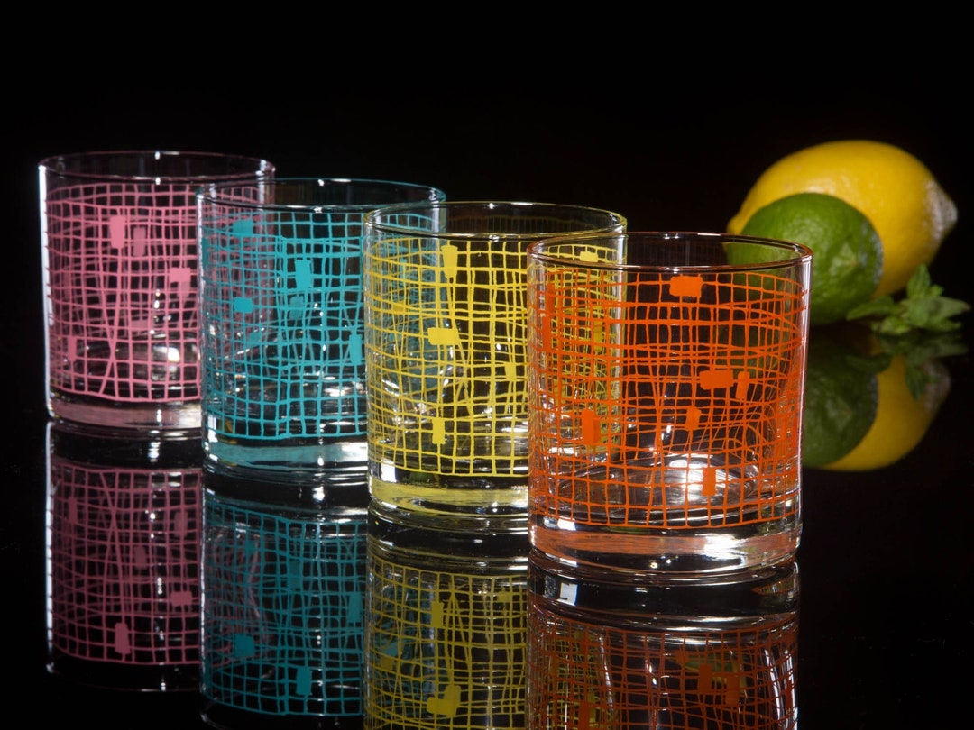 Basket Weave 4-color Rocks Set of Retro Drinking Glasses, Dishwasher ...
