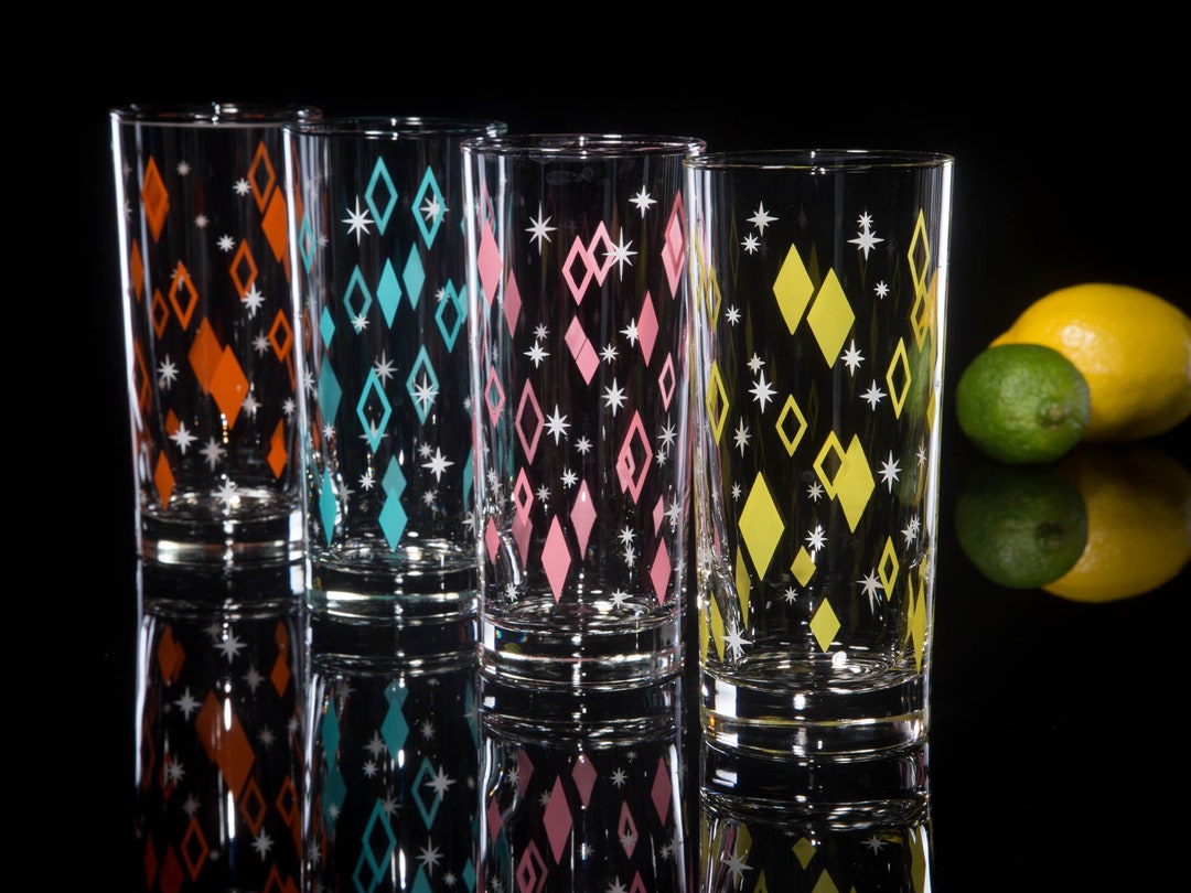 Diner Diamonds 4-color Collins Set of Retro Drinking Glasses, Inspired ...