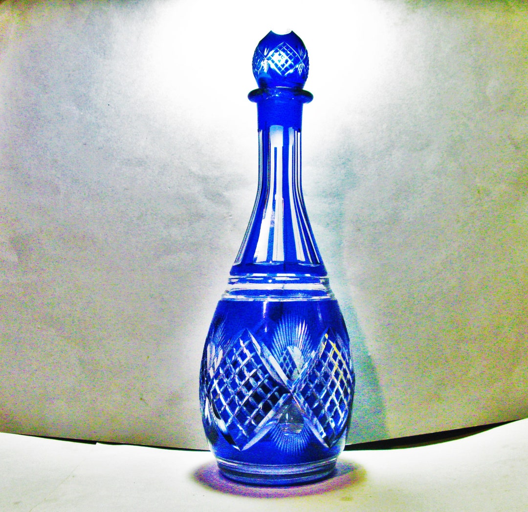 Cobalt Blue Crystal Decanter Blue Overlay Decanter Cut to - Etsy