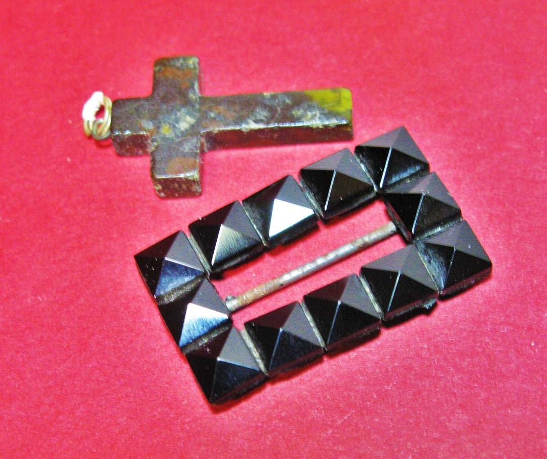 Antique Carved Whitby Jet Buckle & Cross Victorian Black Mourning ...