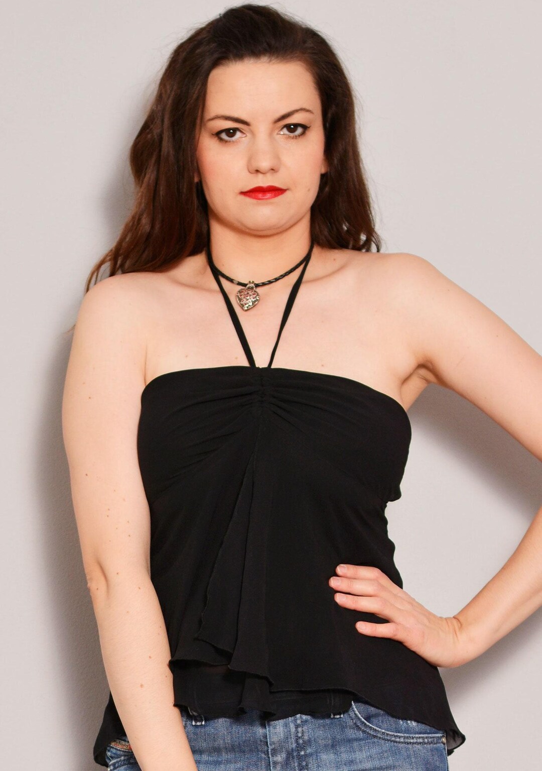 Clearance Flirty Black Halter Top: Ruched Front, Sheer Layered Design ...