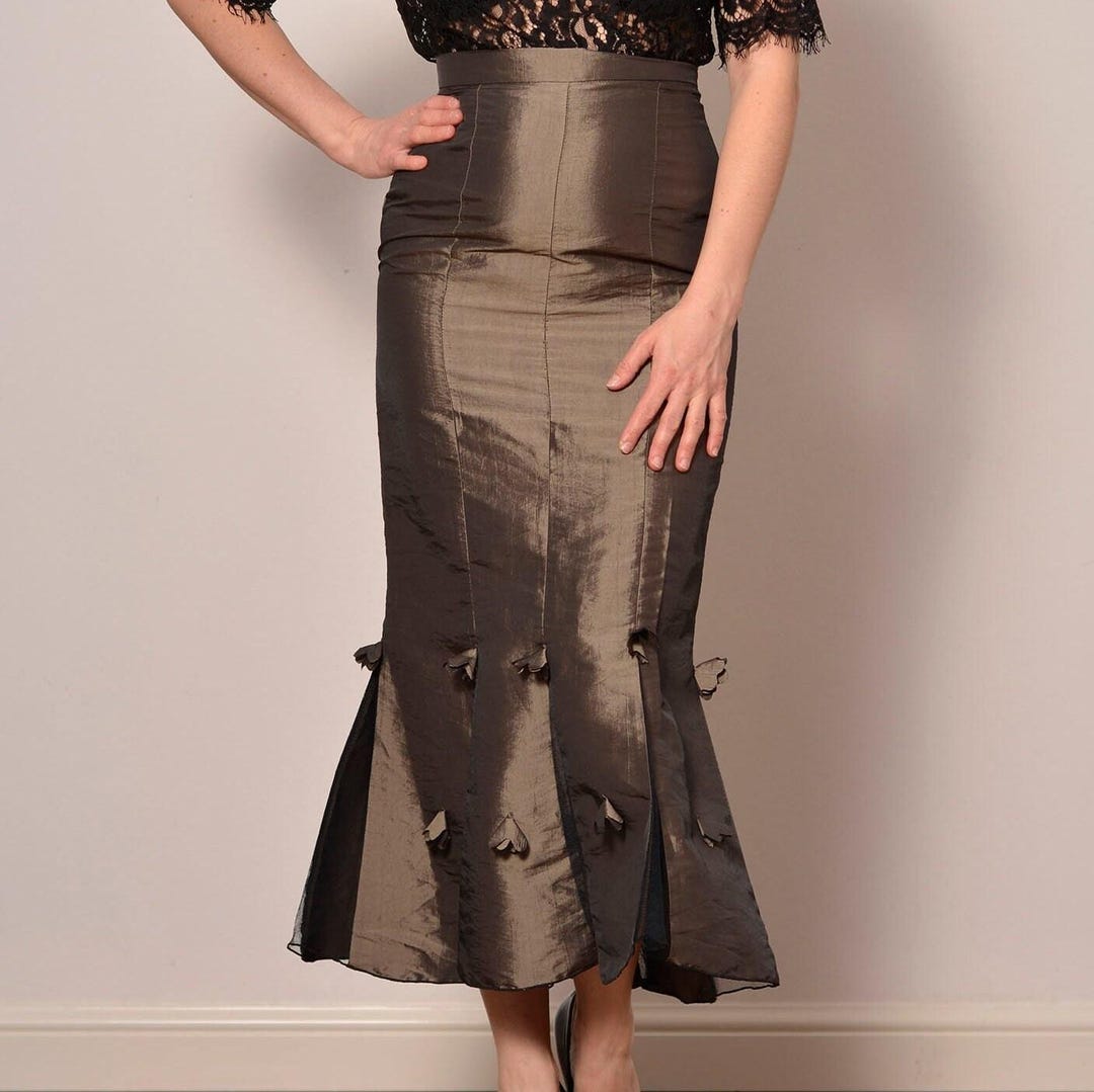 Clearance Elegant Olive Green Fishnet Godet Skirt With Fabric Flowers ...