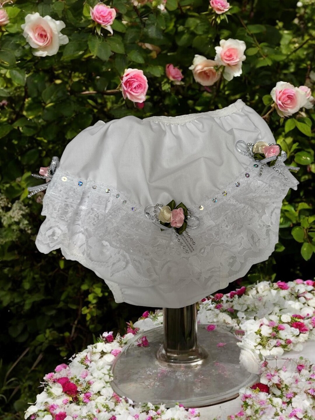 Lace Frilly Pants: White With Satin Flowers - Etsy