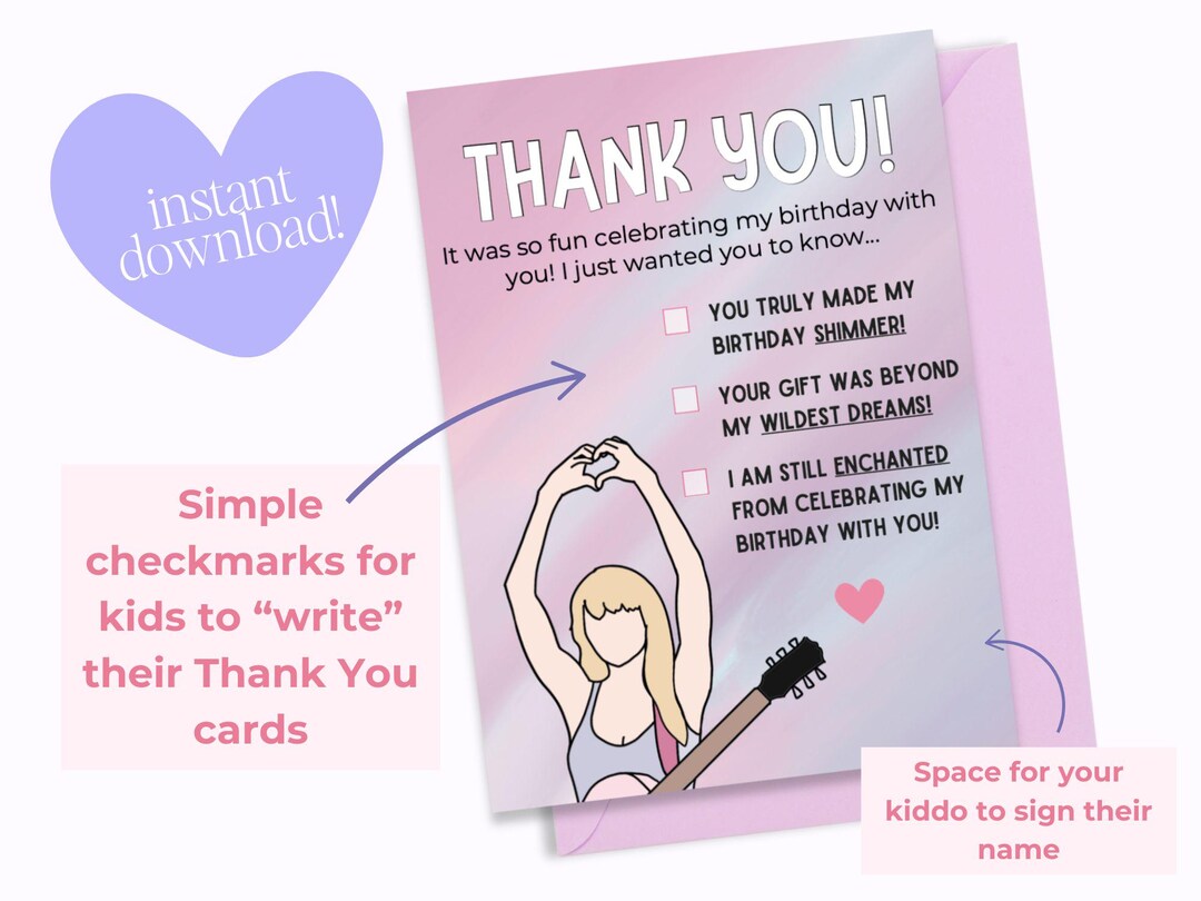 Taylor Swift Birthday Thank You Cards for Kids (digital Download) - Etsy