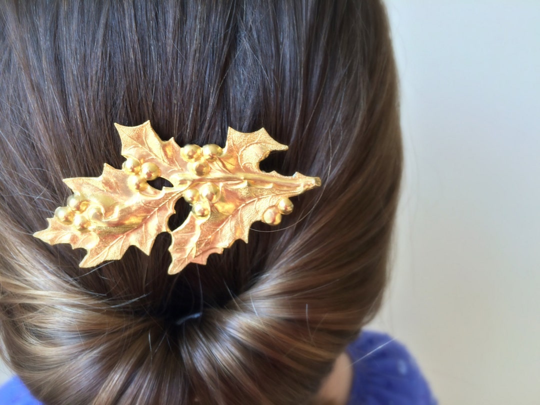 Gold Holly Hair Pin Winter Wedding Hair Clip Bridal Hair Pin Christmas ...