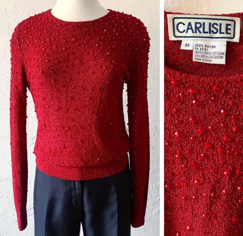 80s Carlisle Crystal Embellished Ruby Red Sweater - Etsy