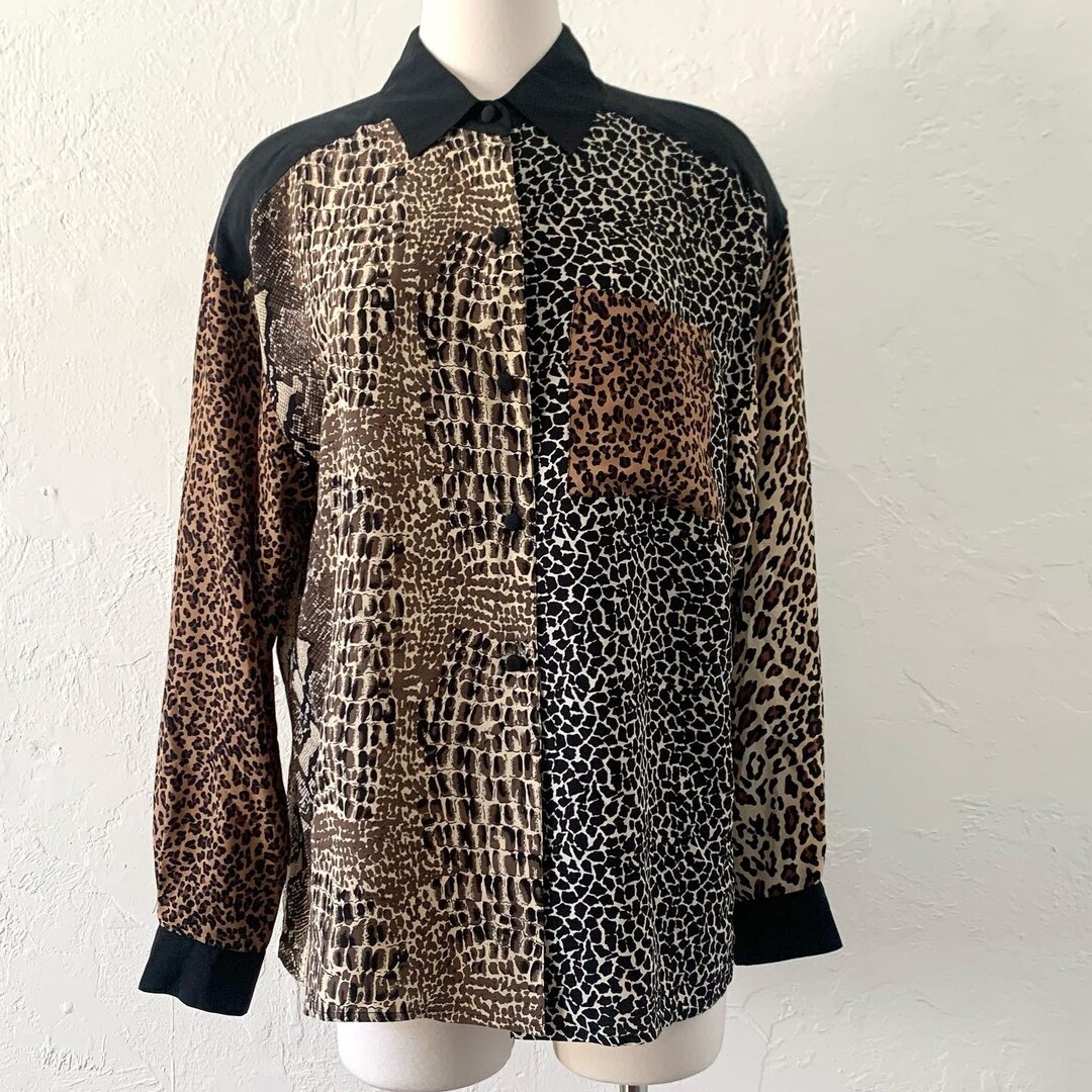80s Allison Taylor Multi Print Colorblock Blouse - Etsy