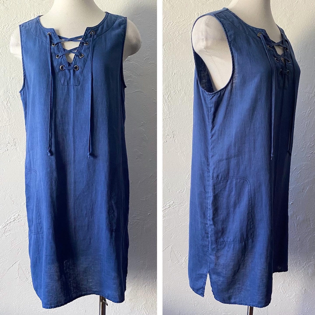 Adrienne Vittadini Indigo Linen Lace up Dress M - Etsy