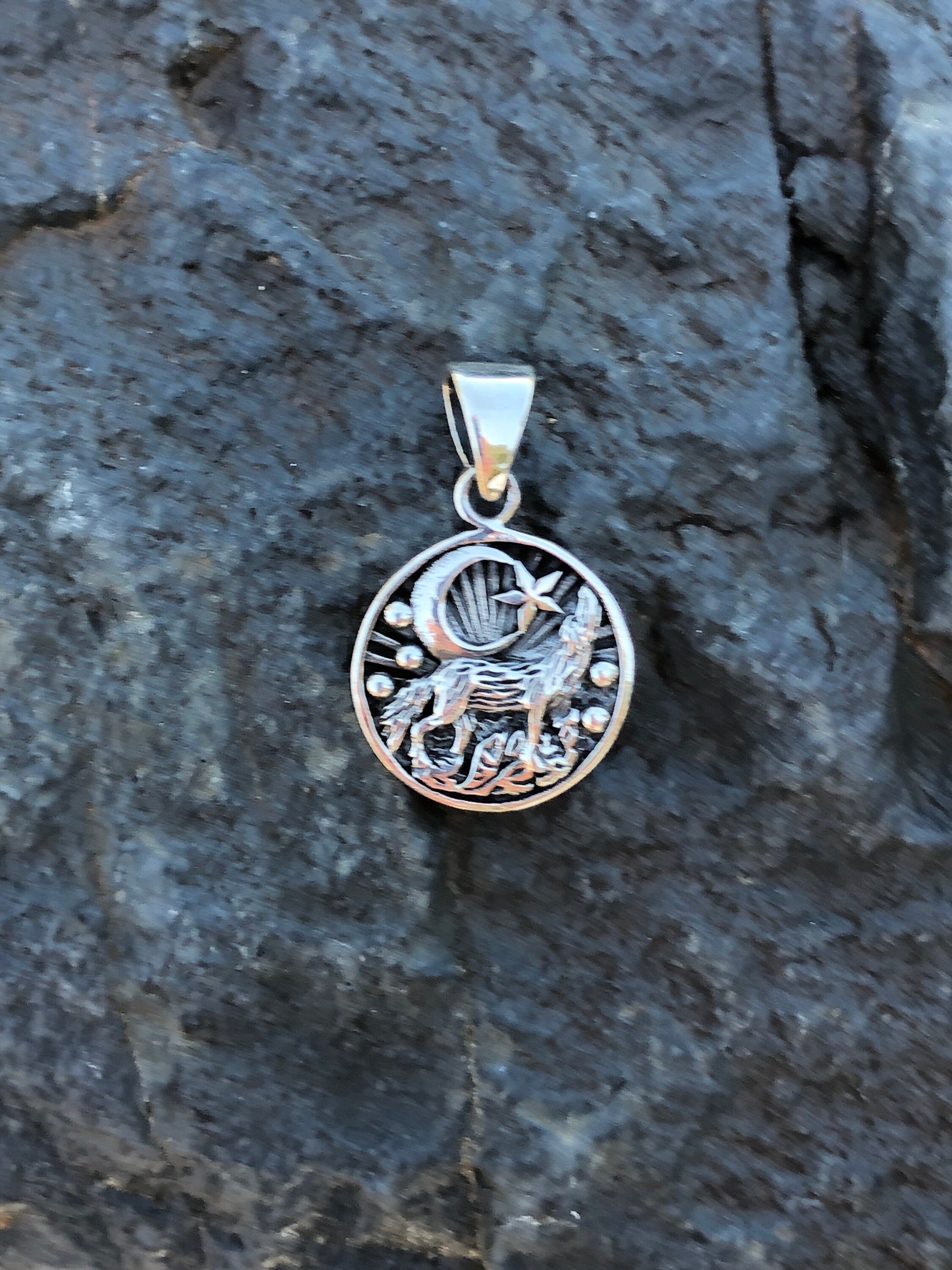 Sterling Silver Wolf, Moon and Star Pendant