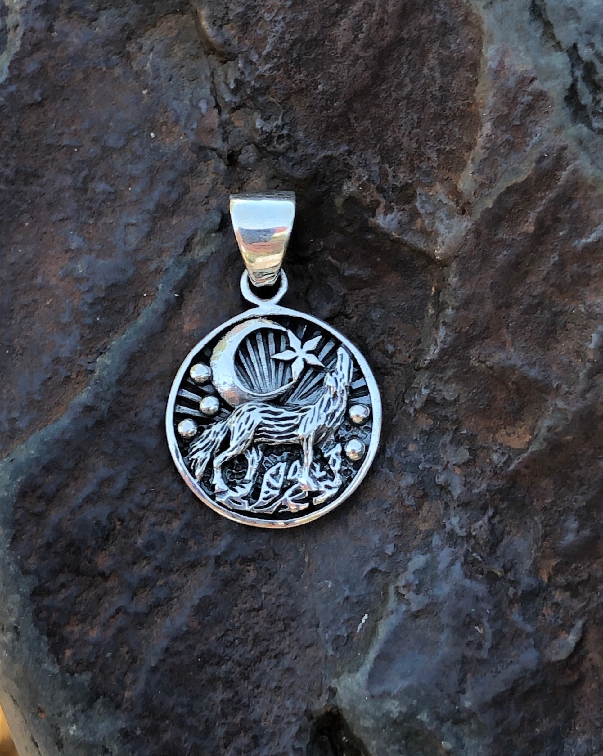 Sterling Silver Wolf, Moon and Star Pendant