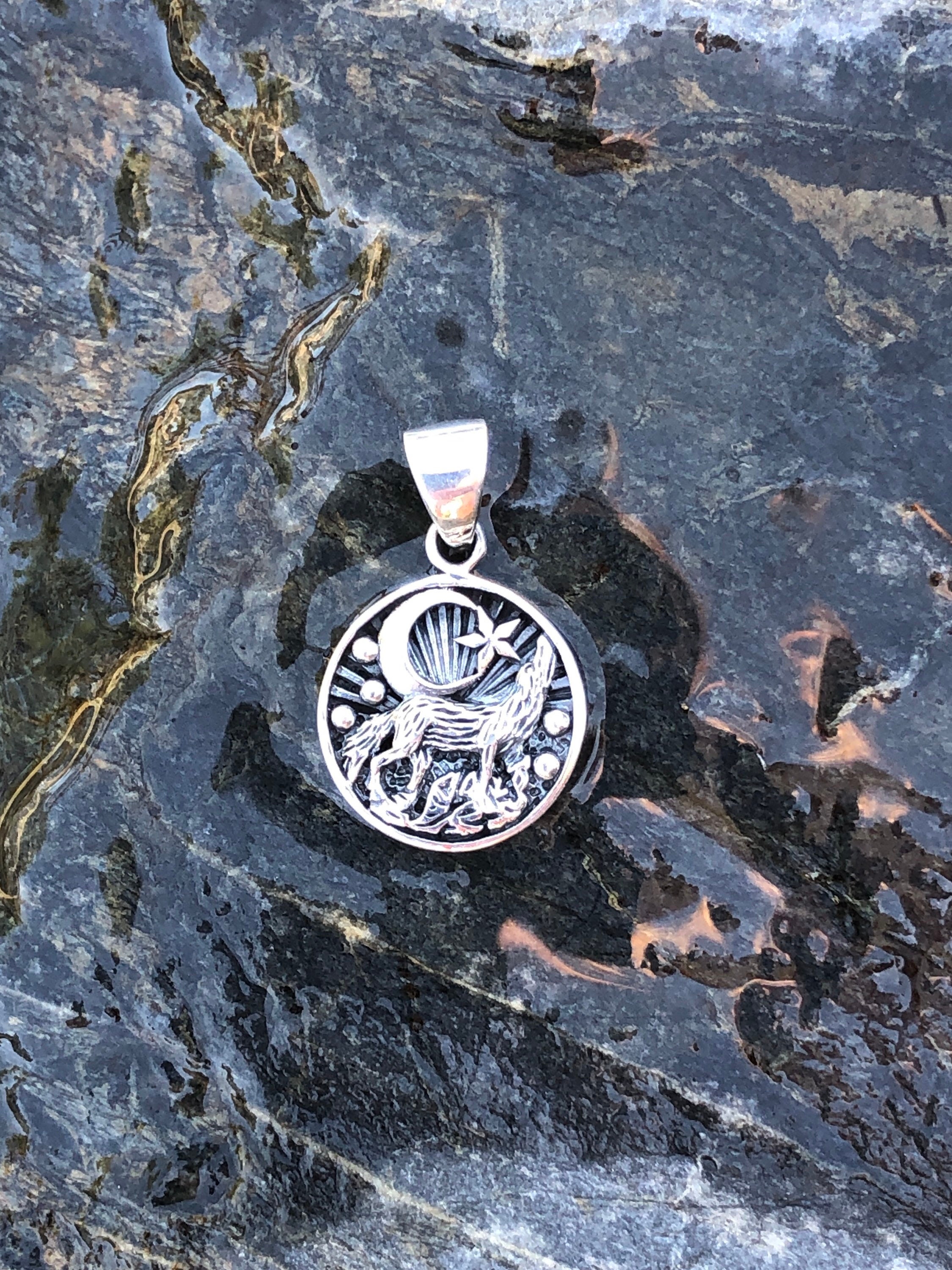 Sterling Silver Wolf, Moon and Star Pendant