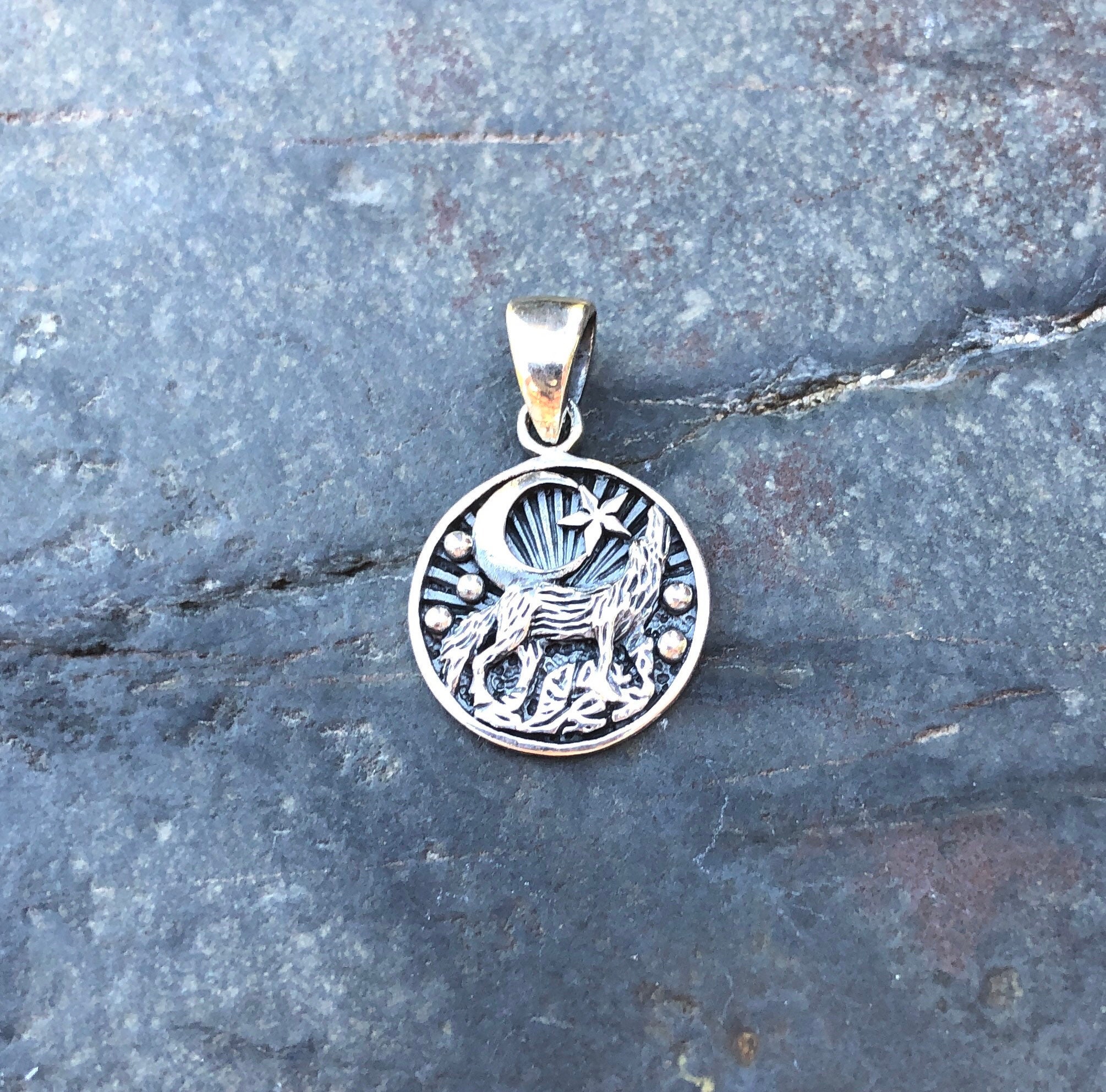 Sterling Silver Wolf, Moon and Star Pendant