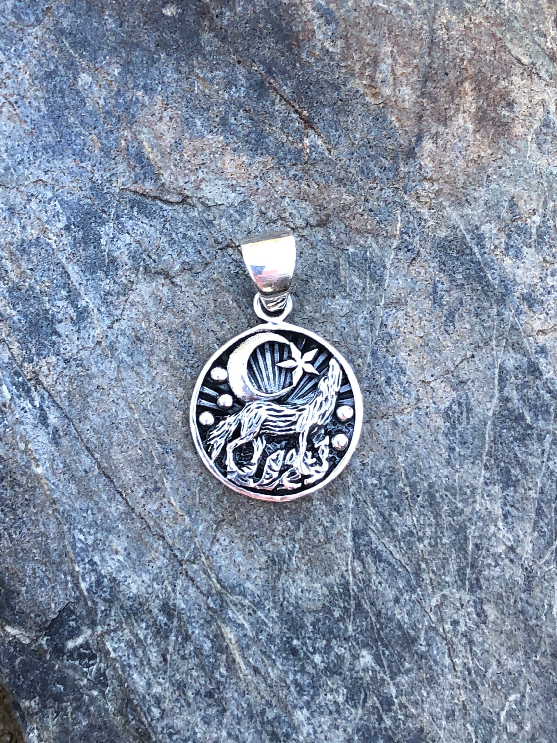 Sterling Silver Wolf, Moon and Star Pendant