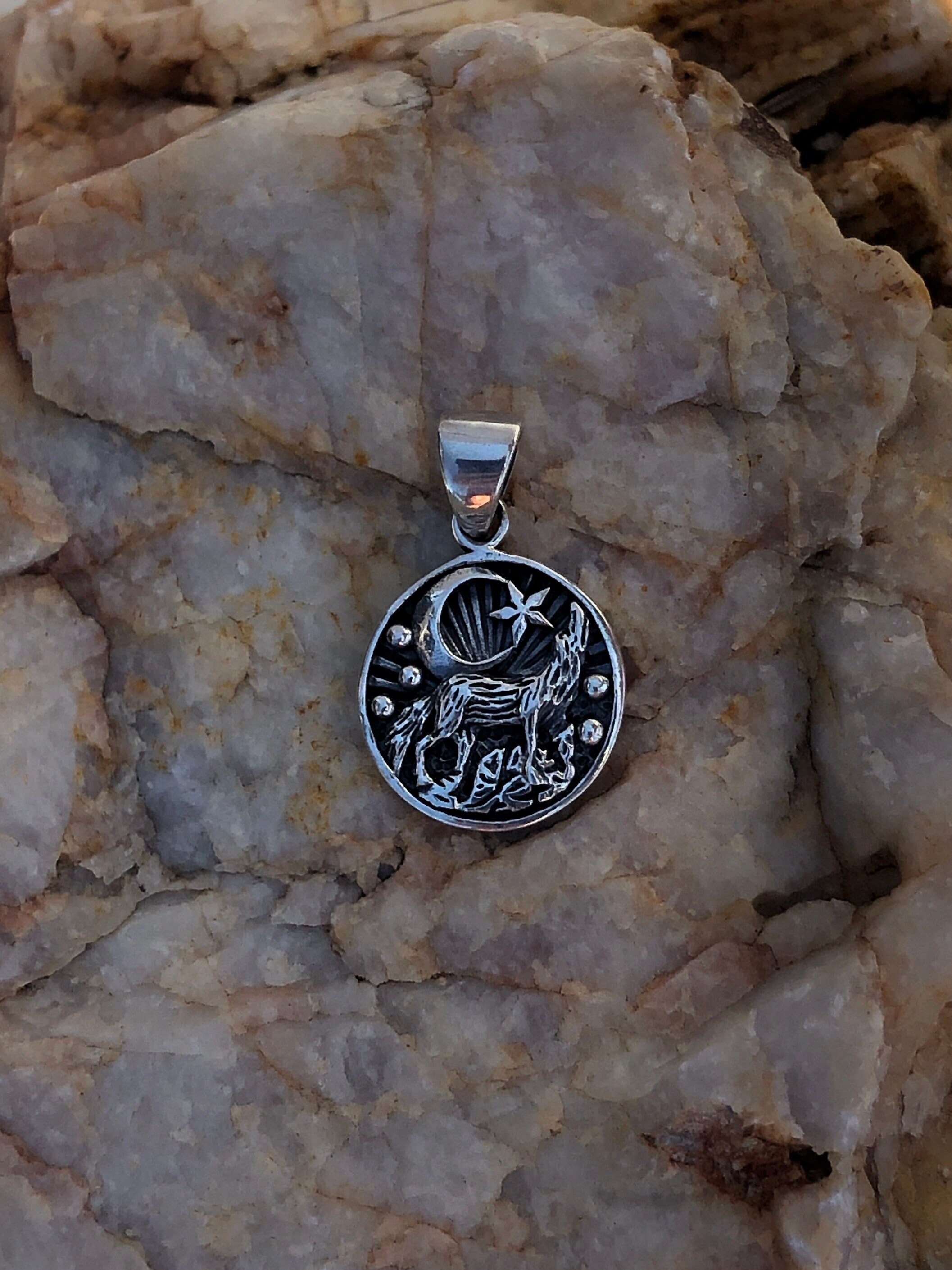 Sterling Silver Wolf, Moon and Star Pendant