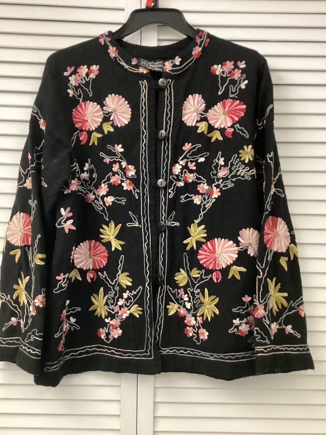 Black Wool Souchet Bright Floral Crochet Cardigan Sweater With Loop ...