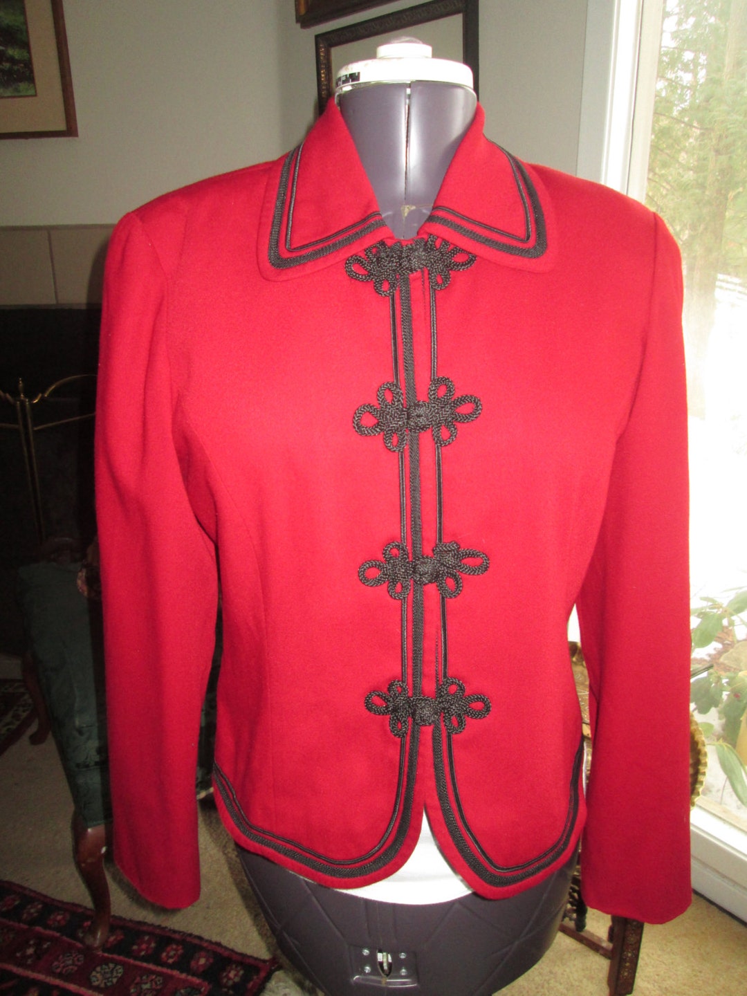 Vintage Red Worsted Wool Jacket With Black Rayon Souchet and Frog ...