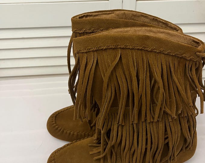 Minnetonka Suede 2 Layer Fringe Med Brown Mid Calf Moccasin Pull on ...