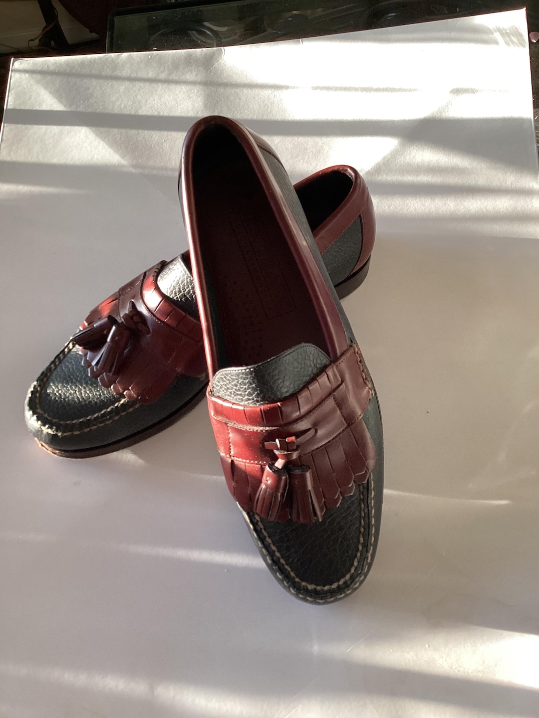 HS Trask Black Textured and Smooth Brown Leather Tassel Loafers Ridged ...