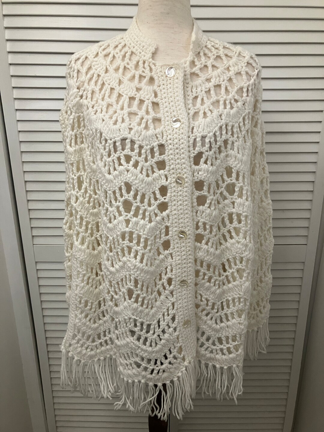 Hand Crochet Loose Buttoned Long Fringed Shawl Pearlized Buttons Small ...