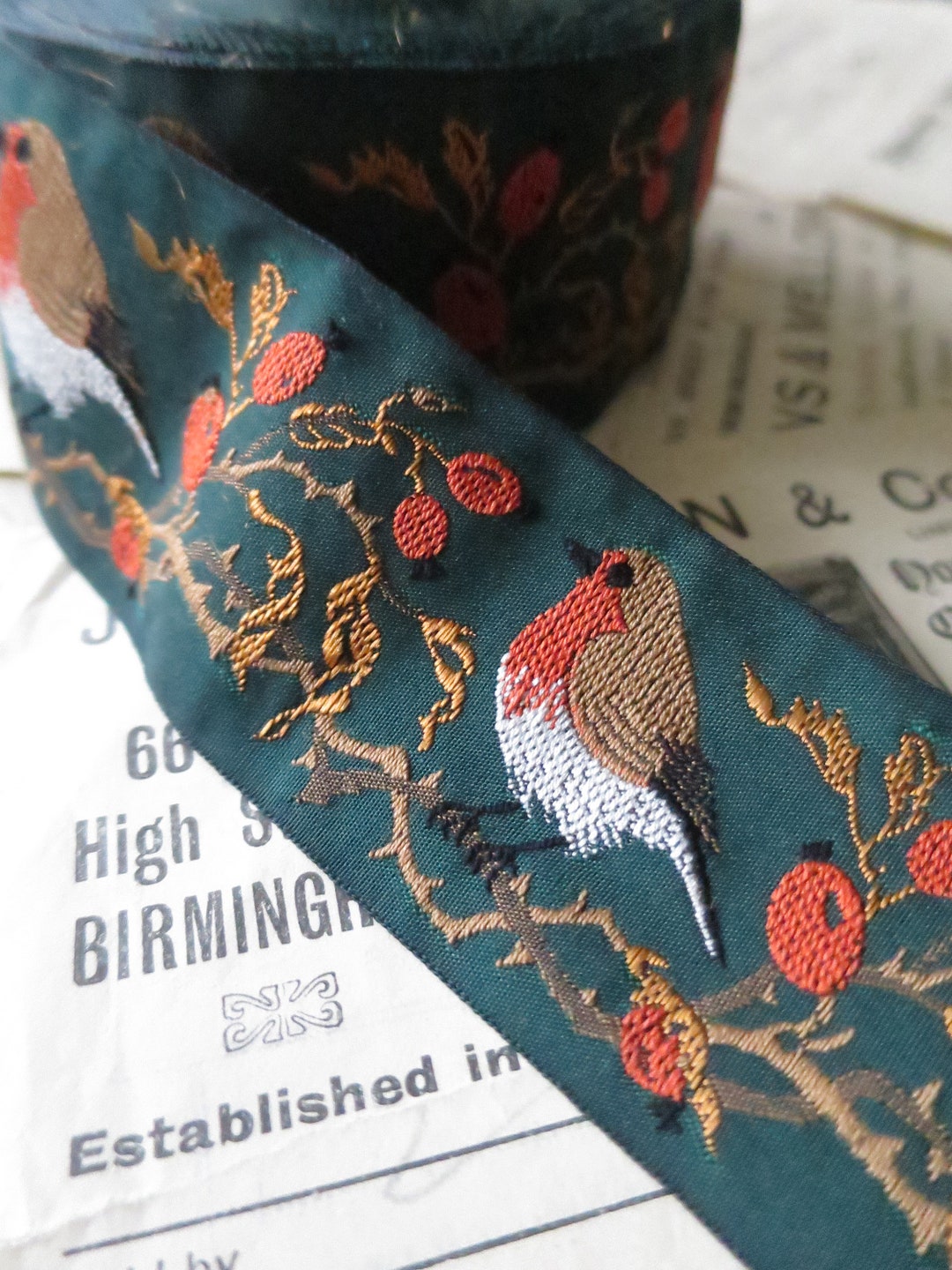 Robins & Berries 40 Mm Jacquard Woven Ribbon- Green - Etsy