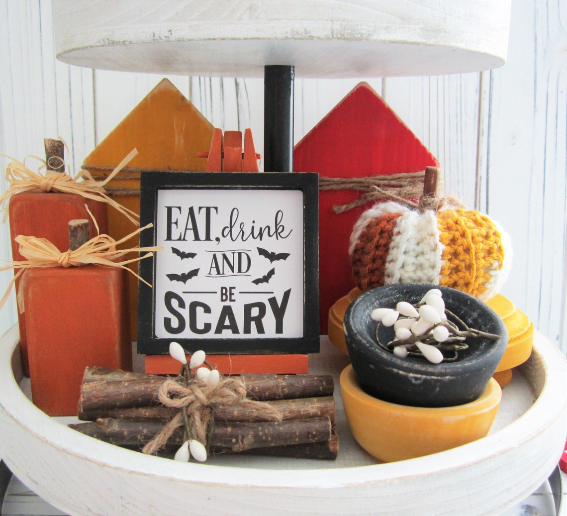 Halloween Sign Tiered Tray Decor Eat Drink & Be Scary | Etsy