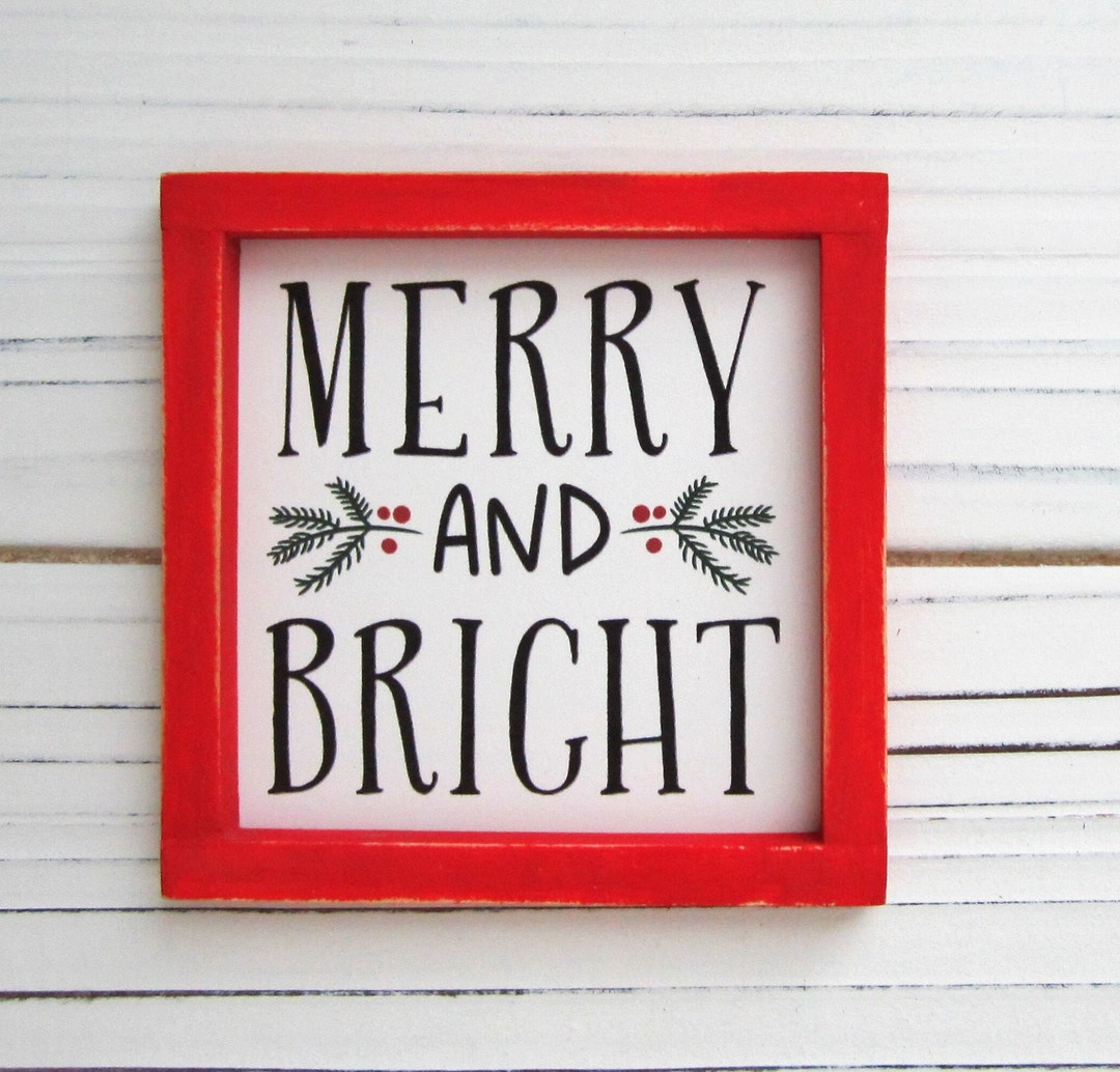 Christmas Sign, Merry & Bright, Tiered Tray Miniature Sign, Small ...