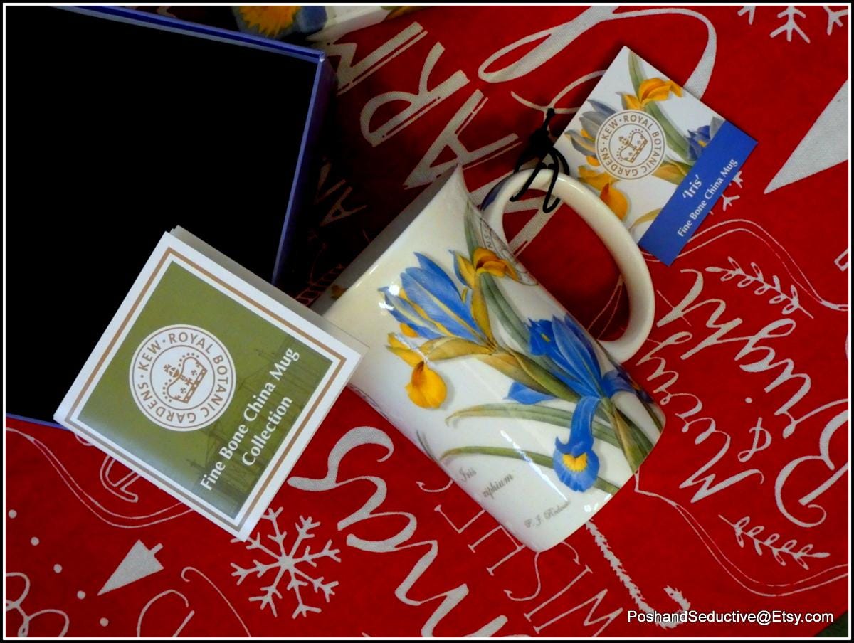 British Flowers Iris KEW GARDENS RHS Bone China Mug Cup Vintage ...