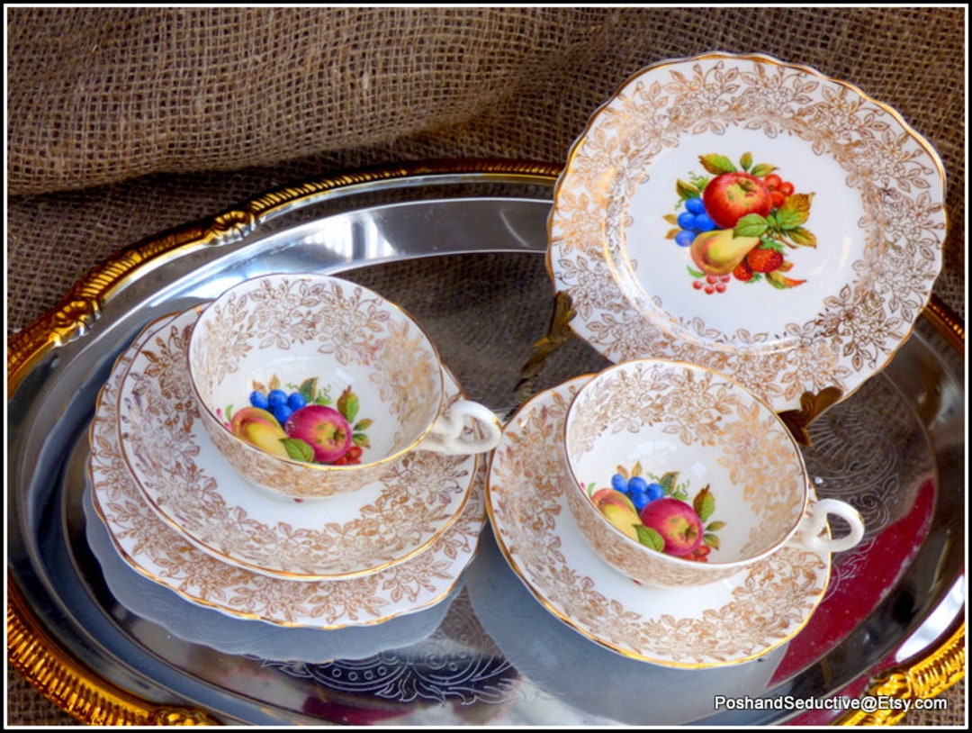 Bone China Trio Pair: Cup, Saucer, Cake Plate Fruit Pattern Rich 22 Ct ...