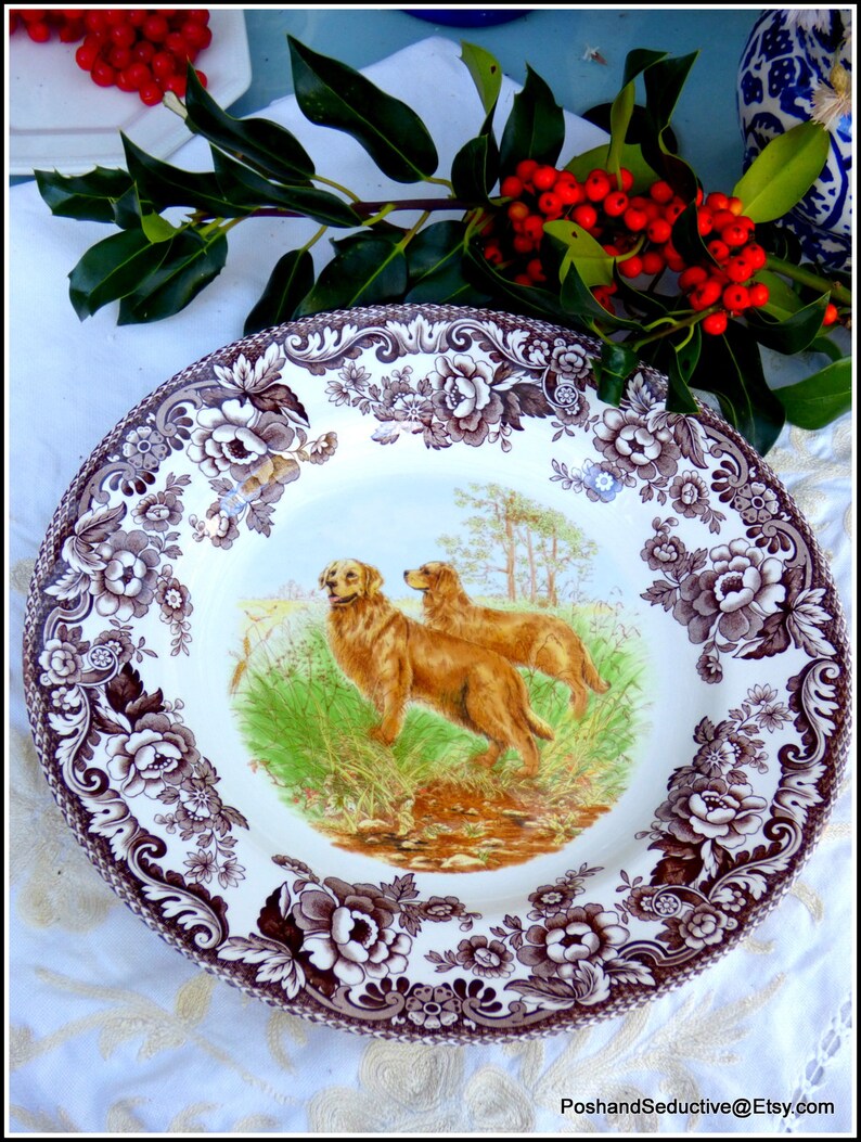 Spode Woodland Series Dinner Plates Pair HUNTING DOGS Brown ...
