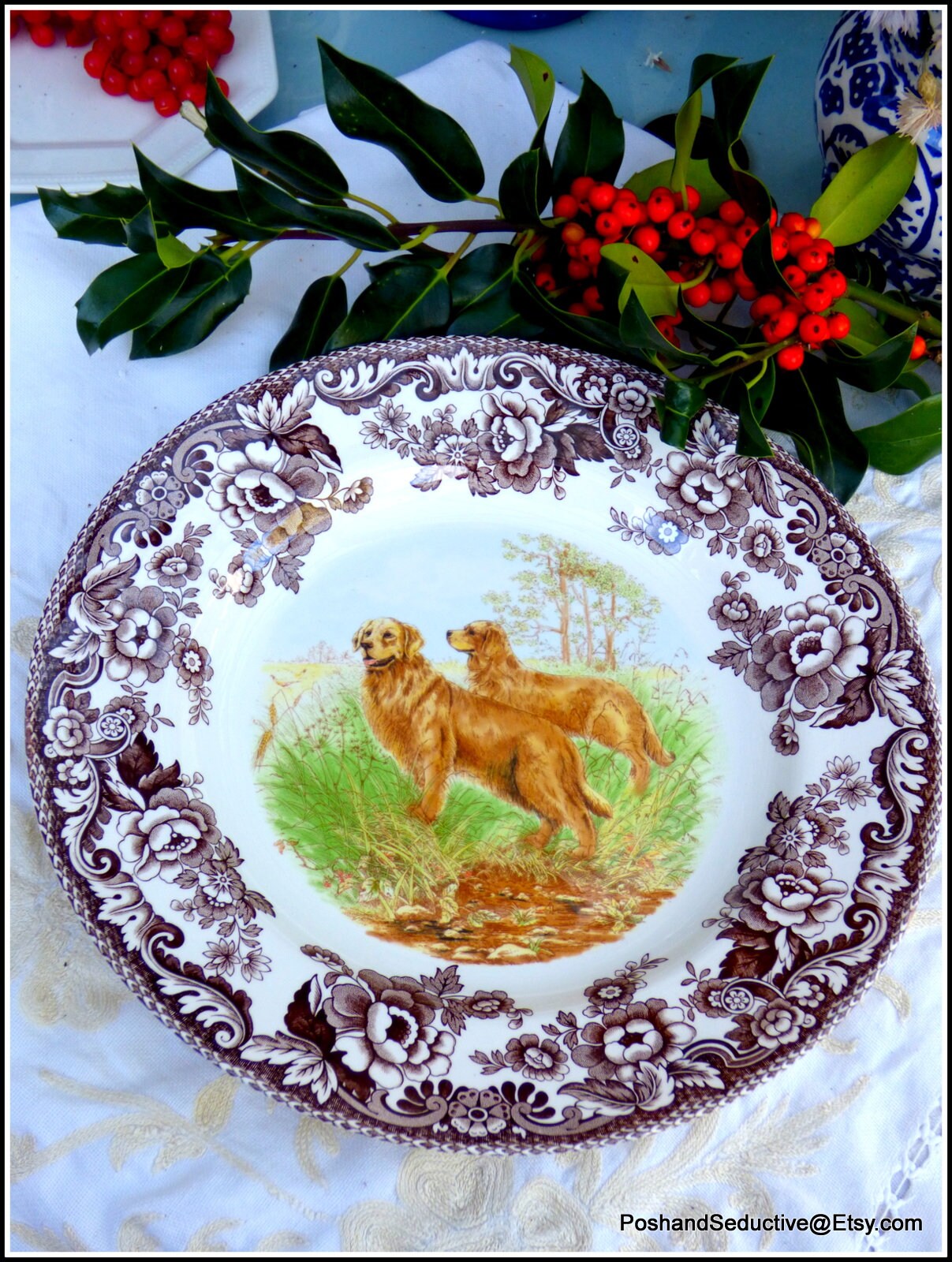 Spode Woodland Series Dinner Plates Pair HUNTING DOGS Brown ...