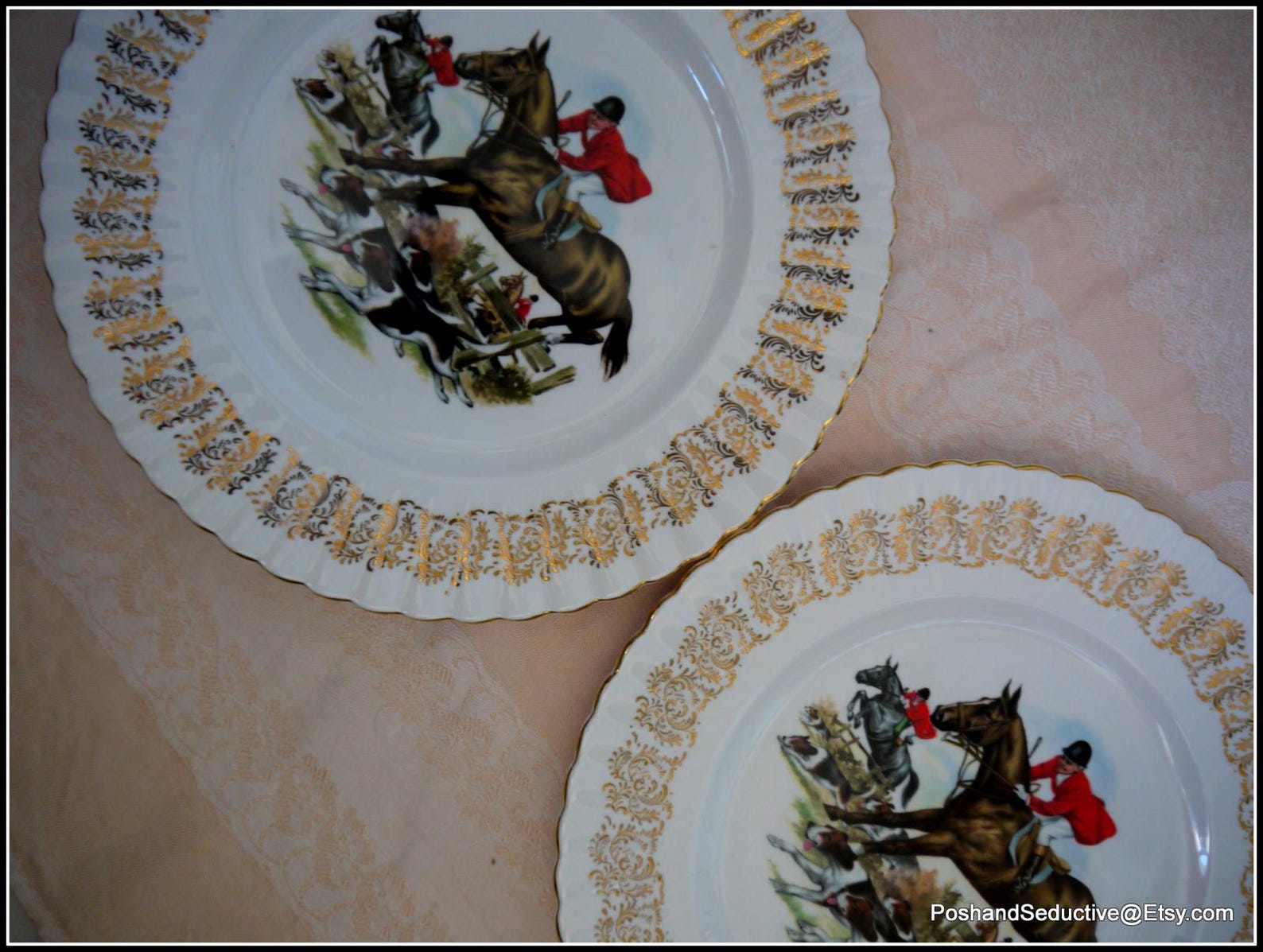Two Vintage Fine China Dinner Plates With Hand-painted Foxhunting ...