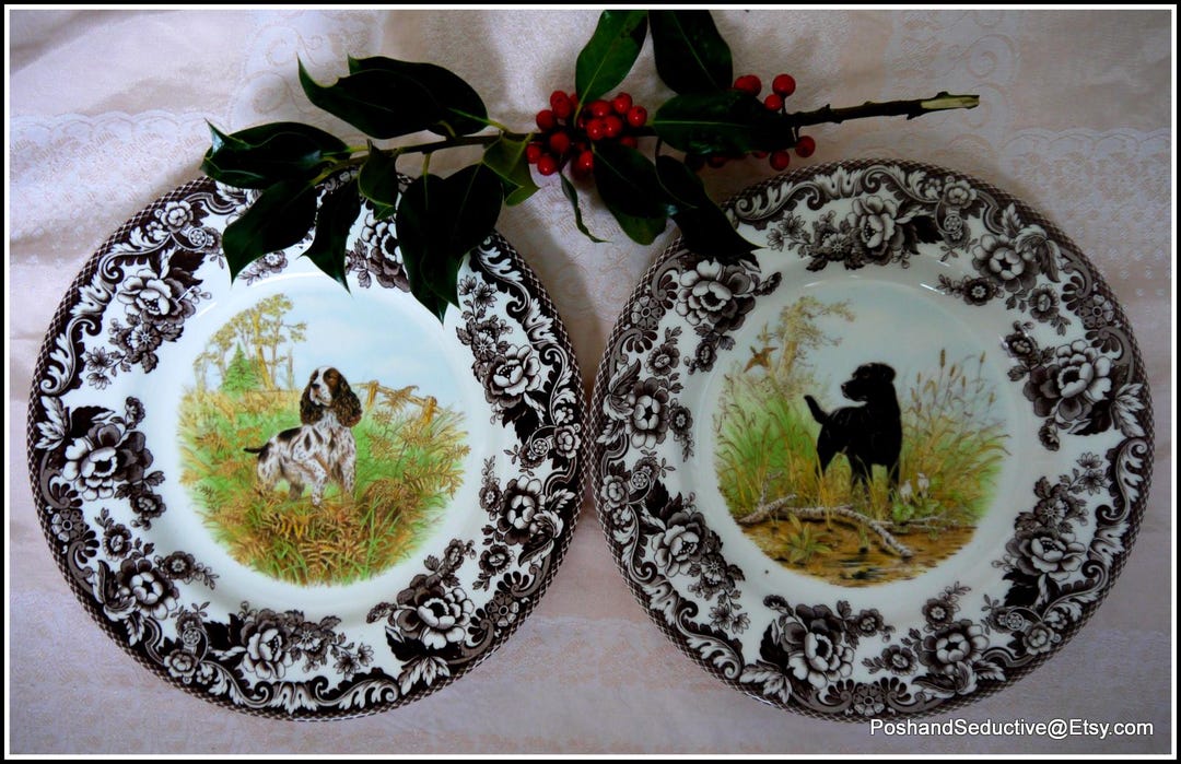 Spode Woodland Series Dinner Plates Pair HUNTING DOGS Brown ...