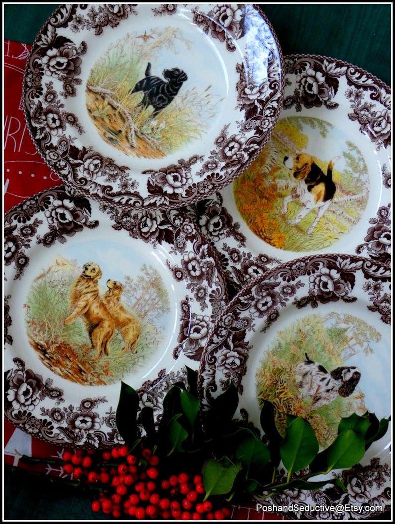 Spode Woodland Series Christmas Dinner Plates Set Four HUNTING DOGS ...