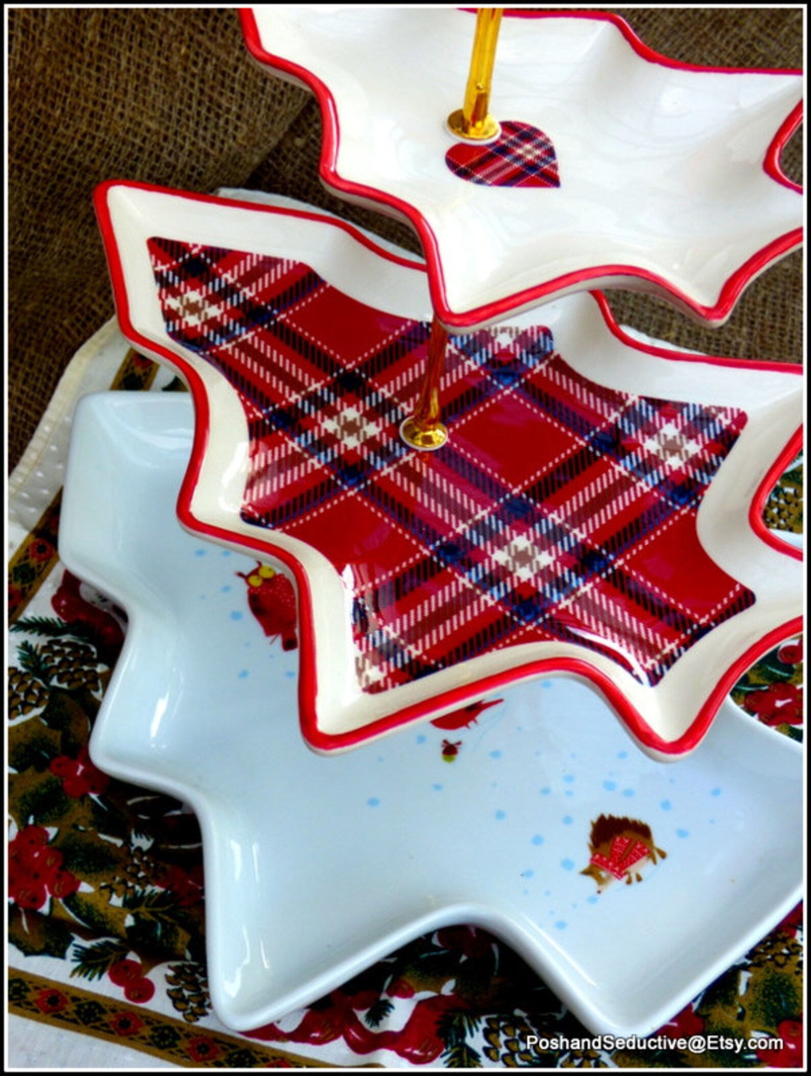 Christmas Tree Shape China Tiered Plates Stand, Scottish Tartan ...