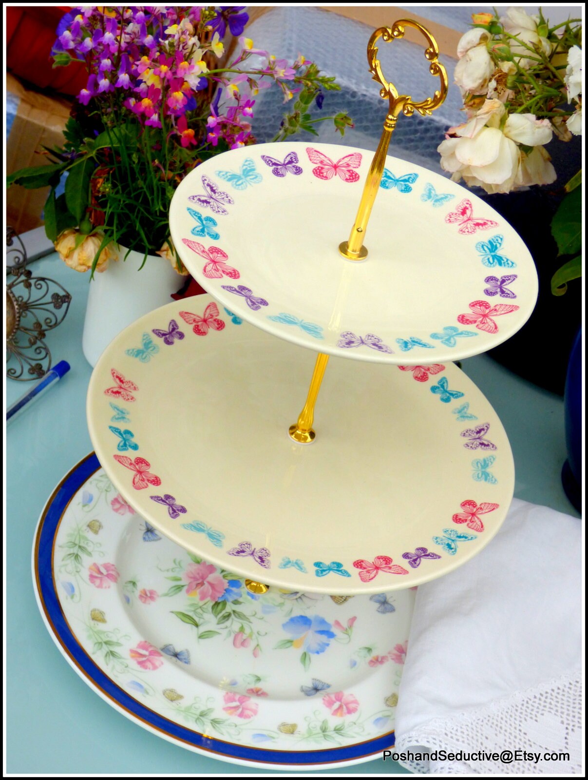 Butterfly floral three tier cake stand graduated tiered large - Etsy 日本