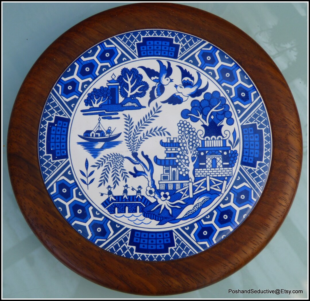 Blue Willow Pattern Round 8" Serving Trivet, Thick Rose Wood Base China ...