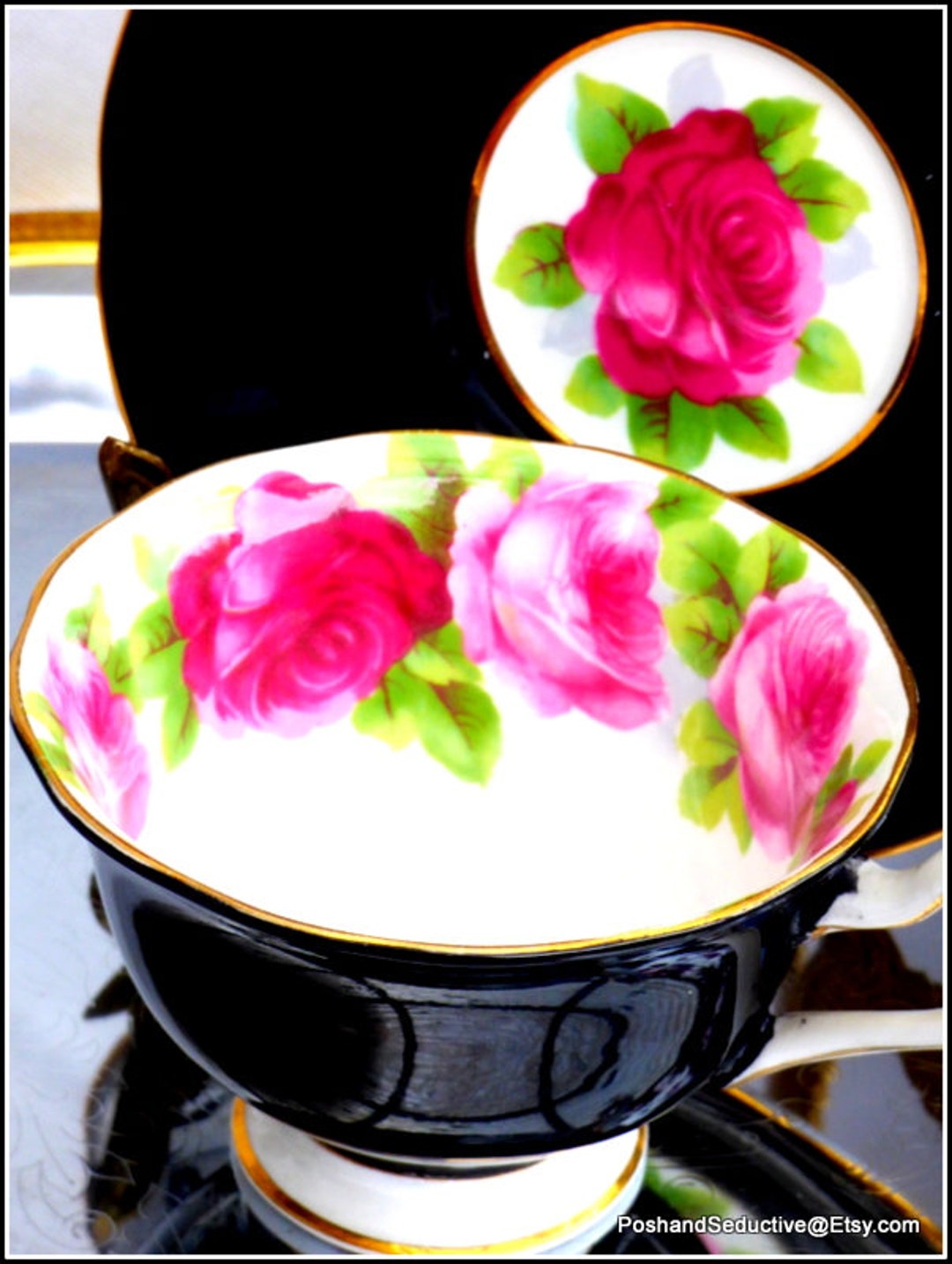Royal Albert Matte Black Vintage Malvern Shape Cup & Saucer Set Pink ...