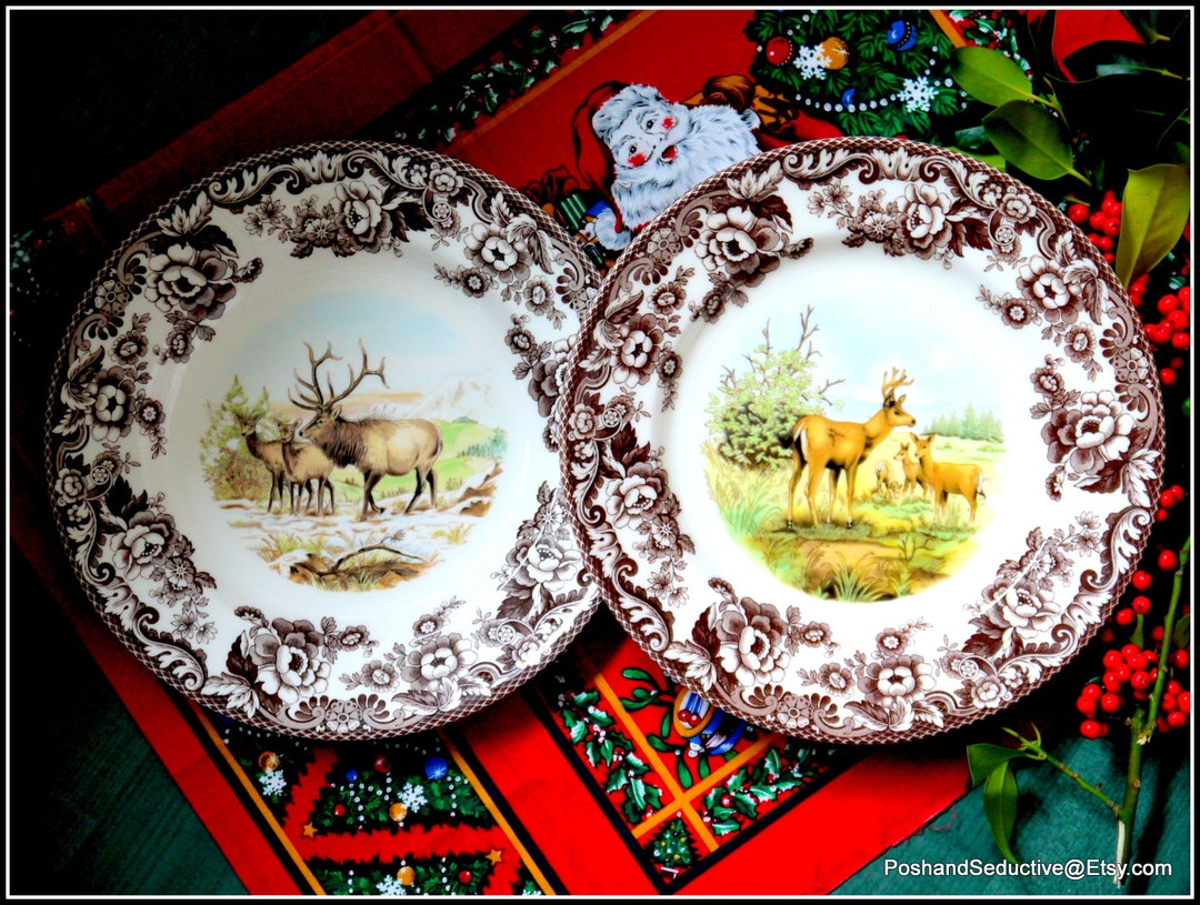 Spode Woodland Series Dinner Plates Pair 11" Brown English Transferware ...