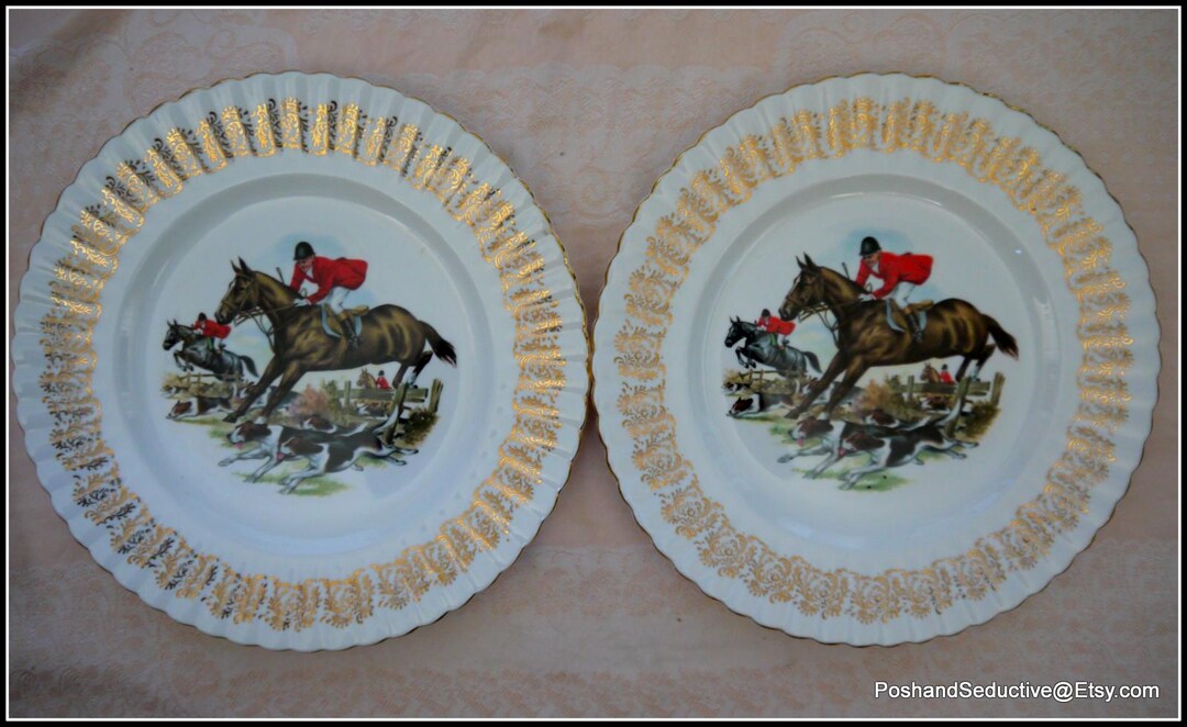 Two Vintage Fine China Dinner Plates With Hand-painted Foxhunting ...