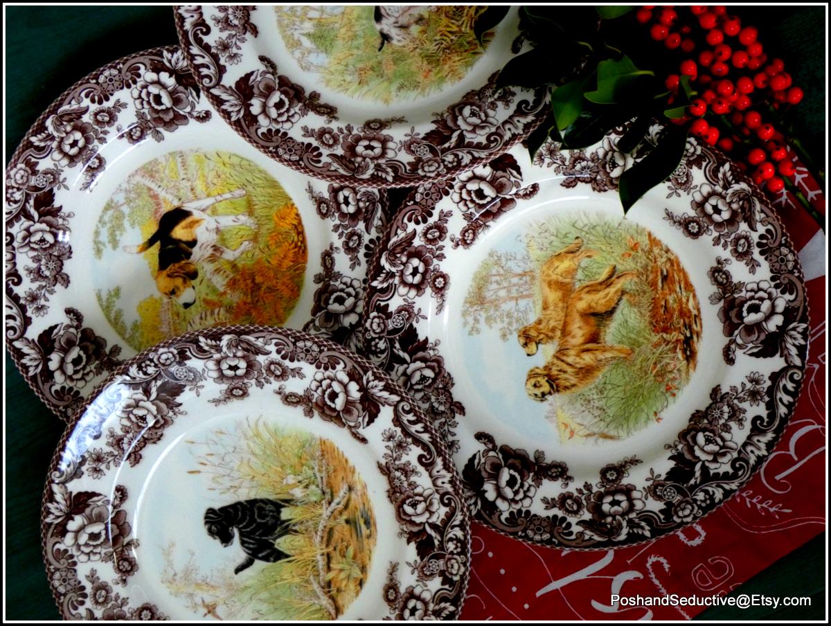 Spode Woodland Series Christmas Dinner Plates Set Four HUNTING DOGS ...