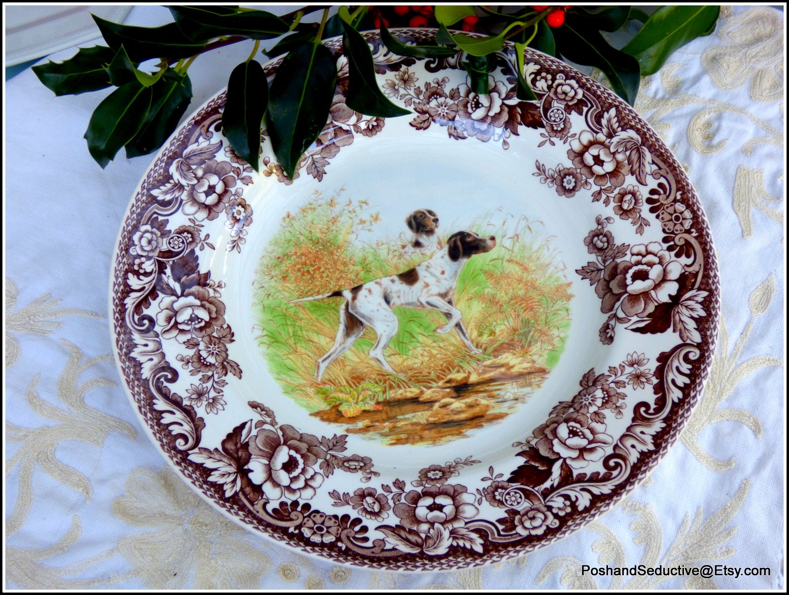 Spode Woodland Series Dinner Plates Pair HUNTING DOGS Brown ...