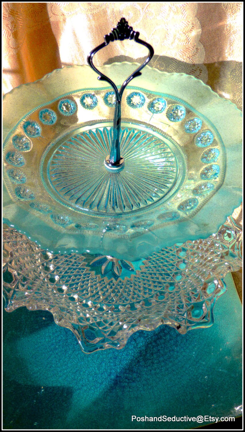 Exquisite Three Tier Cake Stand Turquoise Blue & Crisp Crystal - Etsy UK