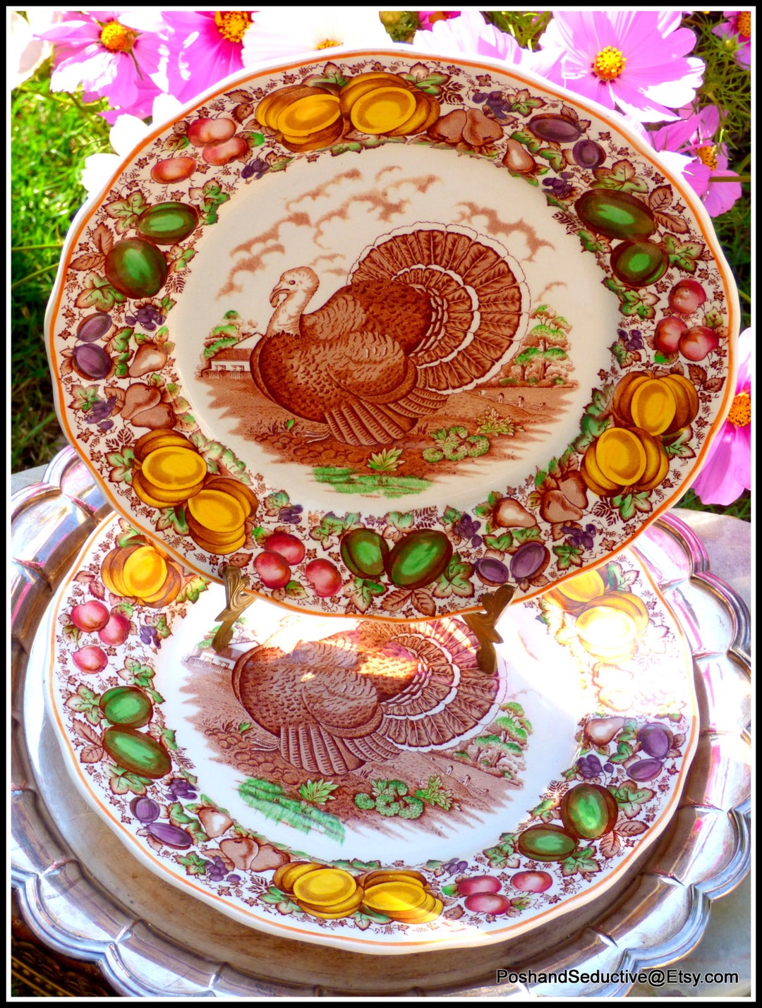 Thanksgiving Turkey BARKER BROTHERS Vintage Transferware Dinner Plates ...