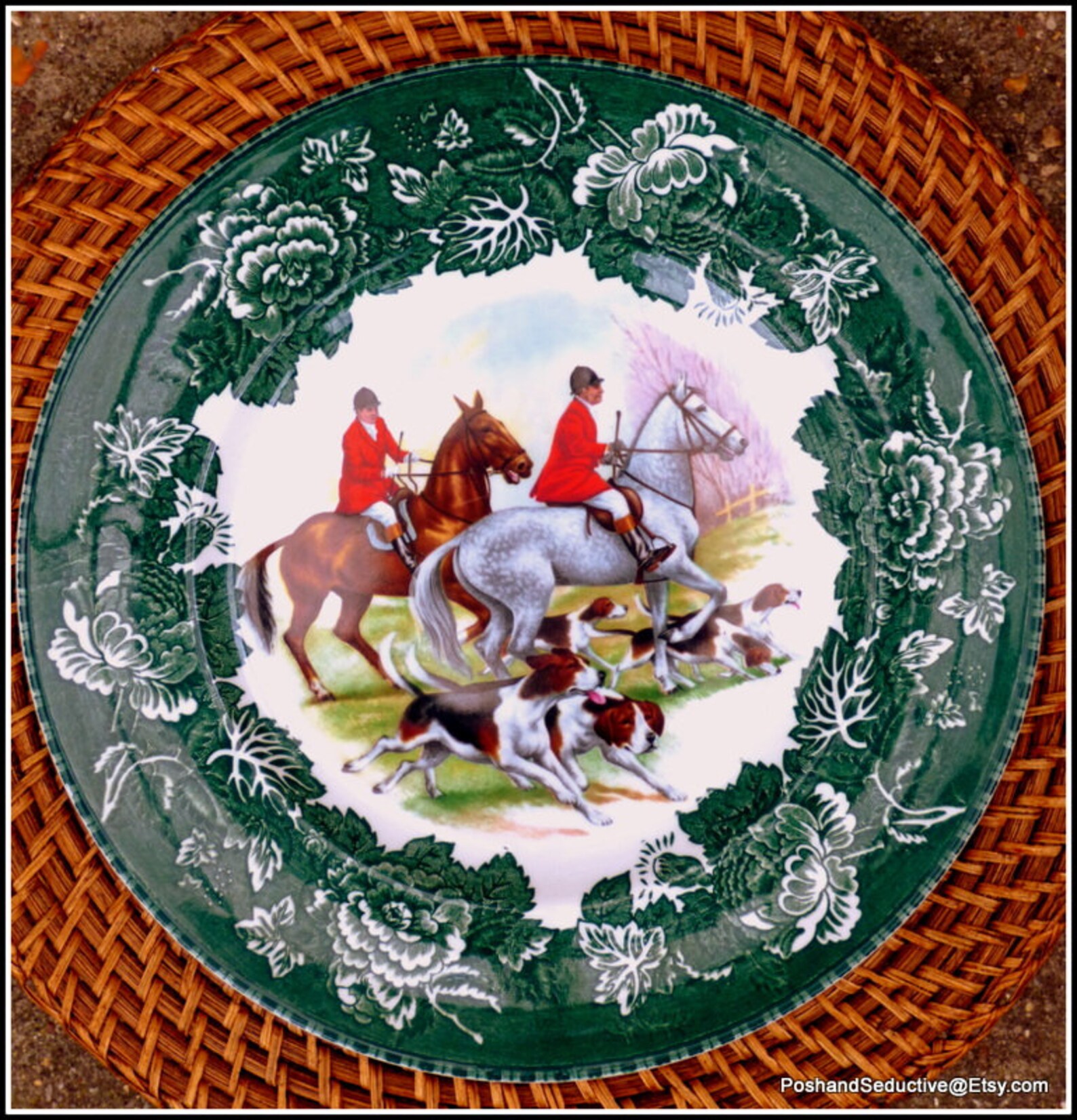 Vintage Fox Hunting Pair of China Dinner Plate Green Transferware ...