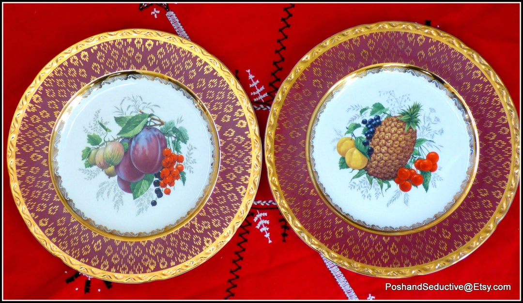 Fruit Harvest Dinner Plates Pair Vintage Display Cabinet Dining China ...