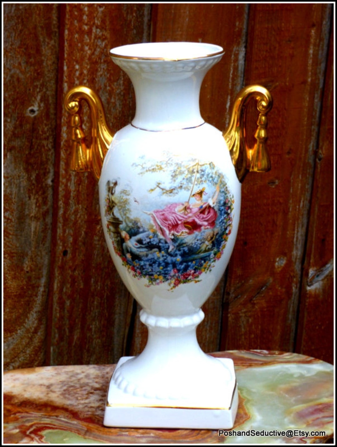 Large Romantic Scenes Vintage Pedestal Vase Staffordshire English ...