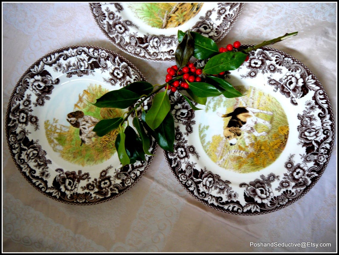Spode Woodland Series Three Dinner Plates HUNTING DOGS Brown ...