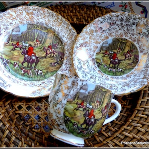 Equestrian China Cup, Saucer & Plate Foxhunting Theme Fine Bone China ...