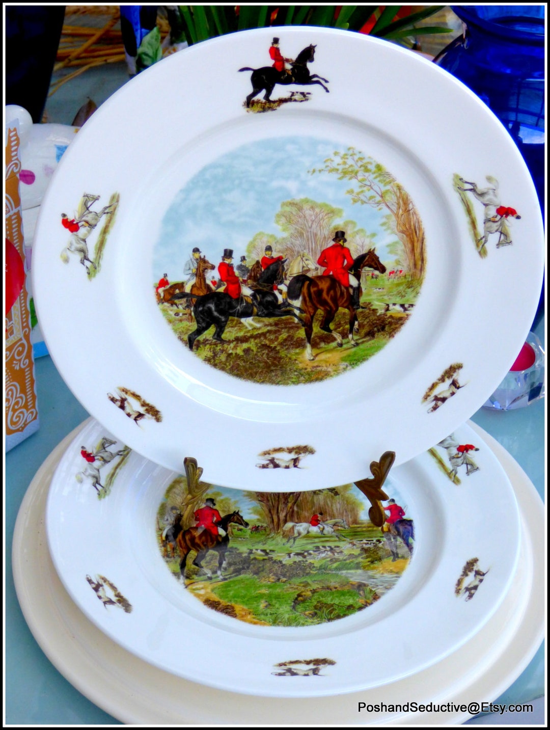 Fox Hunting Vintage China 10" Dinner Plates Pair, Large Equestrian ...